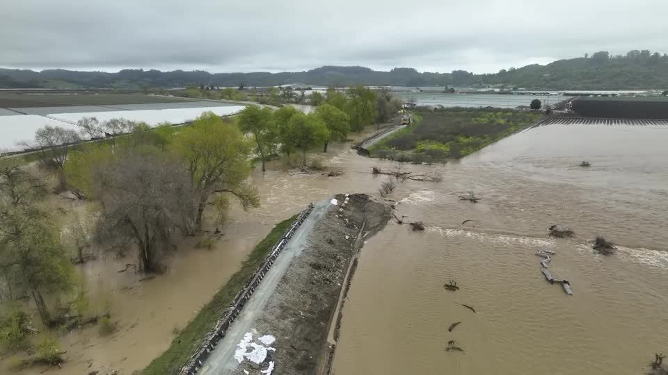Drone video shows California levee breach