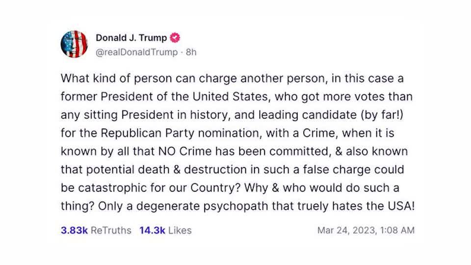 Trump warns of 'death & destruction' if he is charged